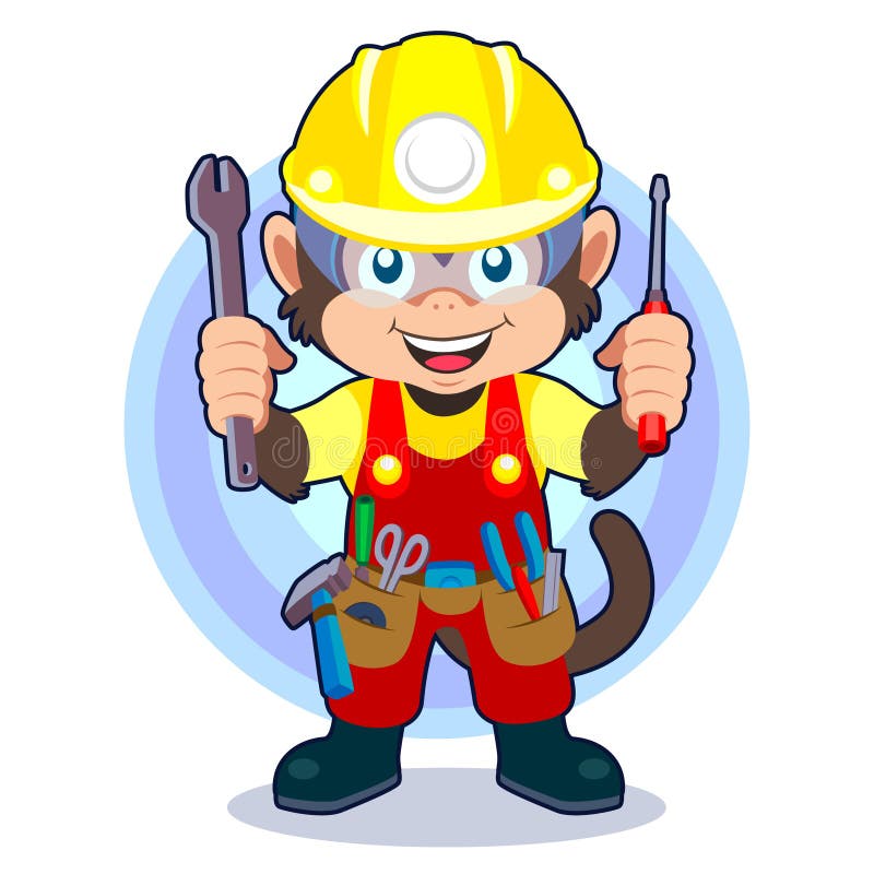 Mono De Construcción Con Casco De Seguridad, Martillo Y Uñas ...