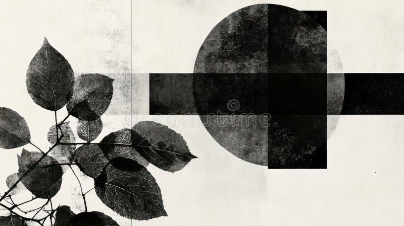 A Monochromatic Abstract Composition Featuring Leaves and Geometric ...