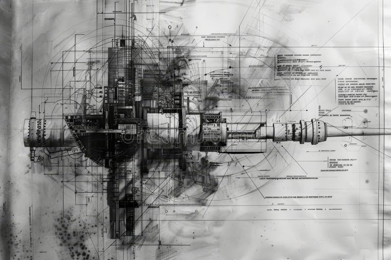 Monochromatic Blueprint Sketch Depicting a Complex Machine with ...