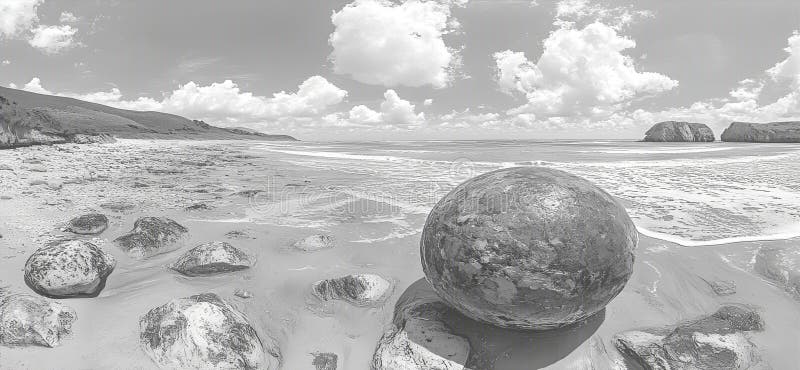 Monochromatic Coastal Scene Giant Boulder on Sandy Beach with Ocean and ...