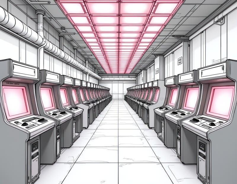 Monochromatic Digital Illustration Featuring Row of Arcade Cabinets ...