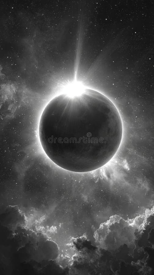 Monochromatic Eclipse: Planet and Stars in Night Sky Stock Illustration ...