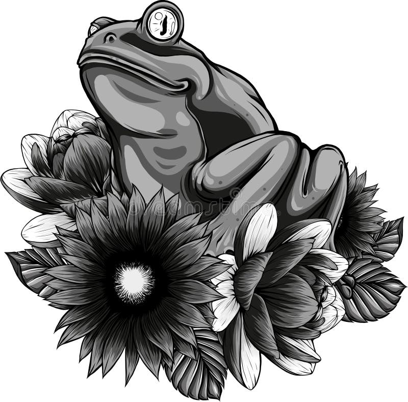 Monochromatic Frog with Eyes Sitting on Leaf of Waterlily Flower Vector ...