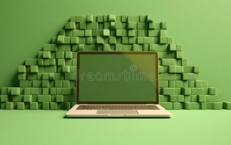 Monochromatic Green Laptop on Pixelated Background Stock Illustration ...