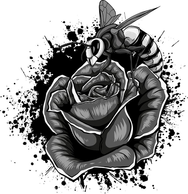 Monochromatic Illustration of Bee on Rose Art Design Stock Vector ...