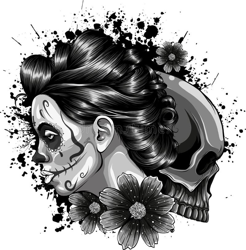 Monochromatic Illustration of Dead Girl with Skull Stock Vector ...