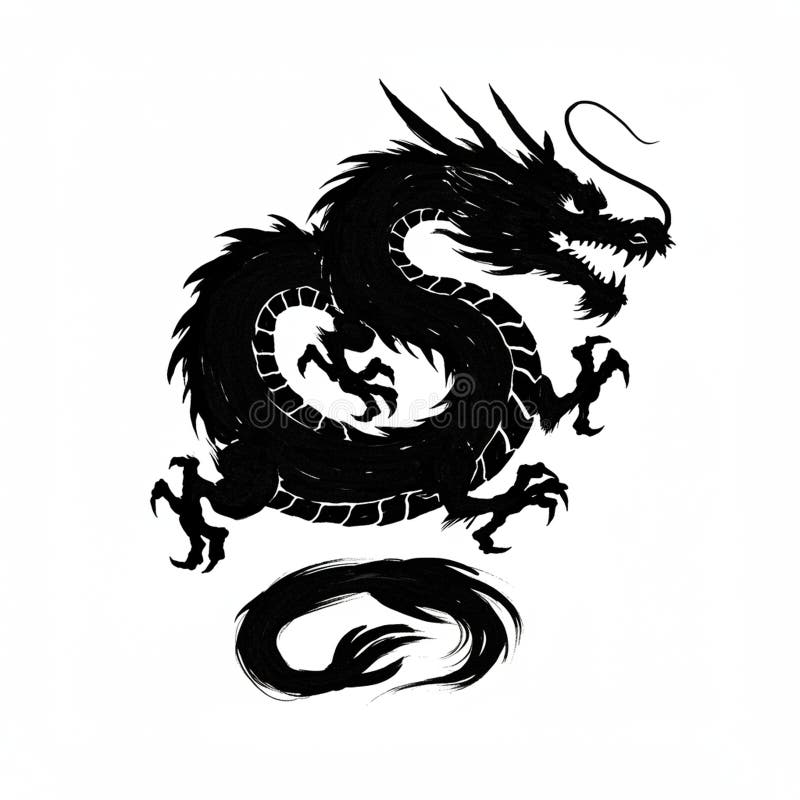 A Monochromatic Illustration of a Dragon in a Dynamic, Coiled Posture ...