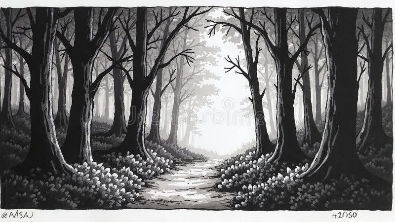 Monochrome Forest Path Illustration with Tall Trees Stock Illustration ...