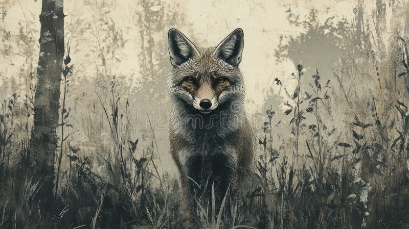 Monochromatic Illustration of a Fox Amidst Tall Grass and Towering Trees - Striking Foreground ...
