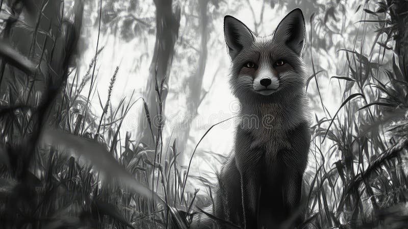 Monochromatic Illustration of a Fox Amidst Tall Grass and Towering Trees - Striking Foreground ...