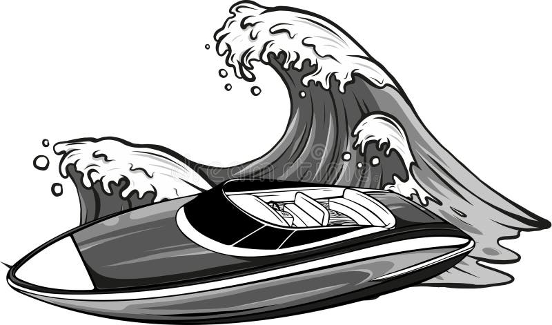 Monochromatic Illustration of Sea Boat with Wave Water Stock Vector ...