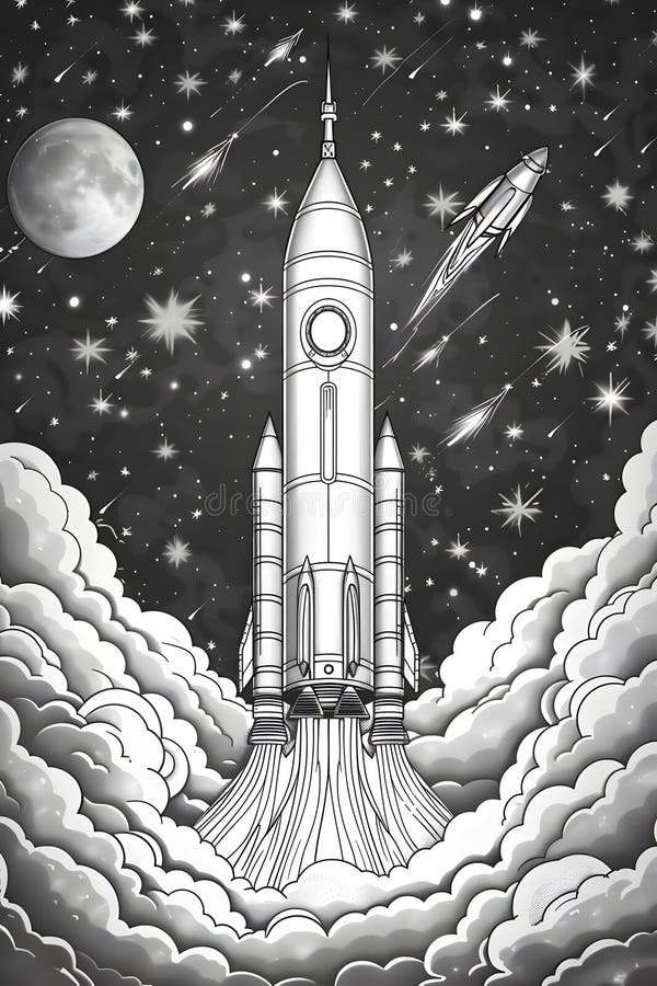 Monochromatic Illustration of a Space Shuttle Launching into Space ...