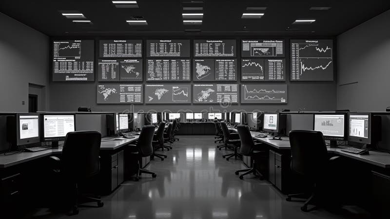 Control Room with Computer Workstations and Display Screens Stock ...