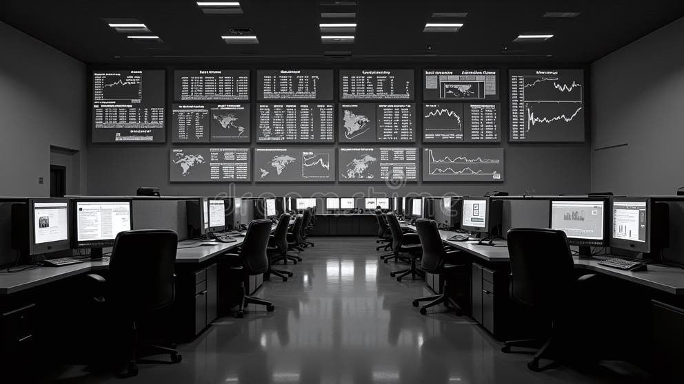 Control Room with Computer Workstations and Display Screens Stock ...