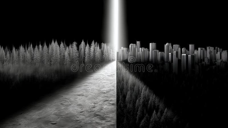 Monochromatic Image Divided into Forest and Cityscape Stock ...