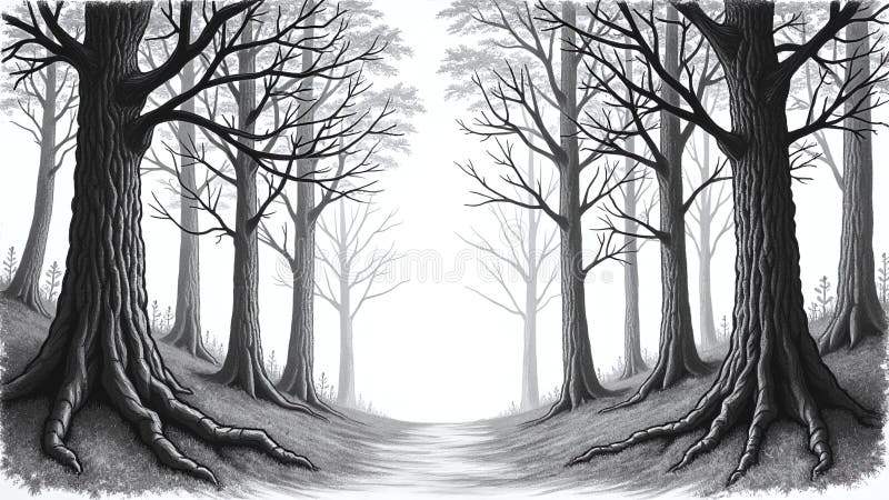 Monochrome Forest Path with Bare Trees Stock Illustration ...