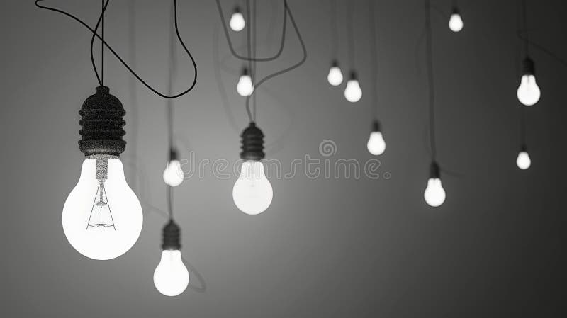 Monochromatic Image with Hanging Light Bulbs, Symbolizing Creativity ...