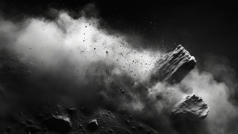 Monochromatic Image of Rocks Falling and Creating Dust Clouds Stock ...