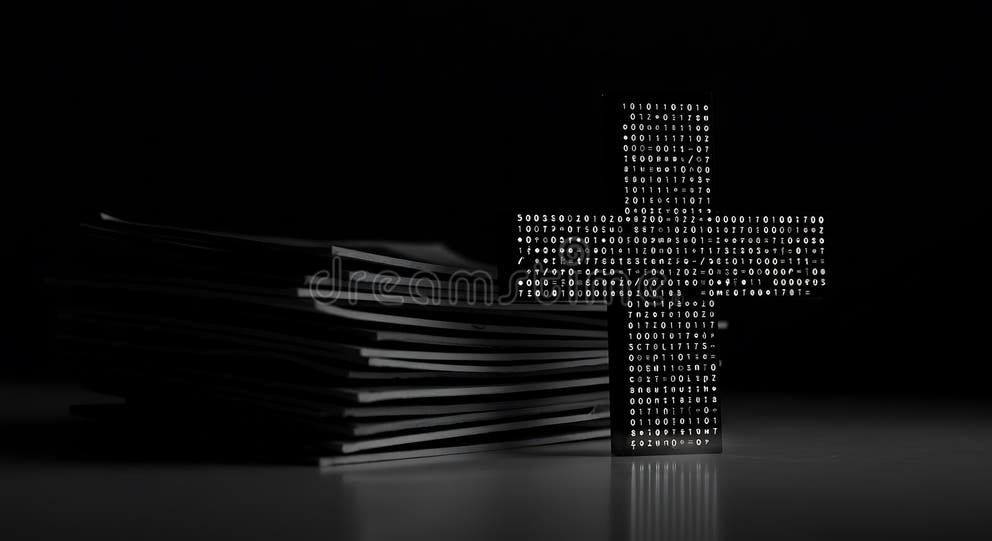 Monochromatic Image Showcasing Digital Cross and Stack of Documents ...