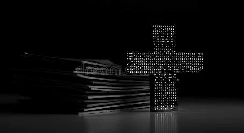 Monochromatic Image Showcasing Digital Cross and Stack of Documents ...