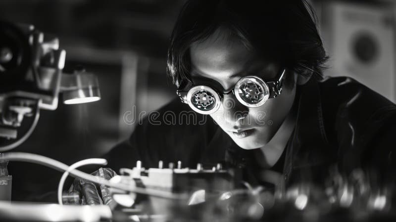 Young Scientist Looking at the Microscope in the Laboratory. Black and ...