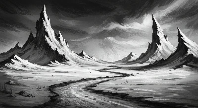 Monochromatic Landscape with Sharp, Jagged Mountains in the Background ...