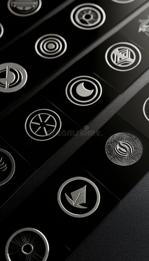 Monochromatic Logo Sticker Sheet on Black Surface with Dramatic ...