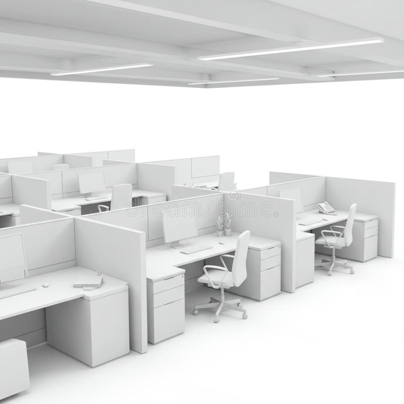 A Monochromatic, Minimalist Office Interior Features Several Cubicles ...