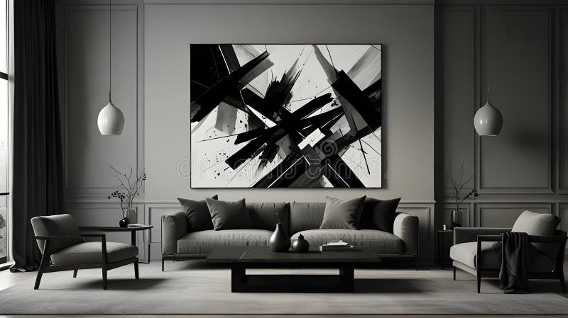 Monochromatic Modern Living Room with Statement Artwork and Abstract ...