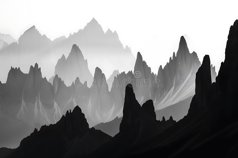 Monochromatic Mountain Range Dramatic Peaks, Shadows, and Mist Stock ...