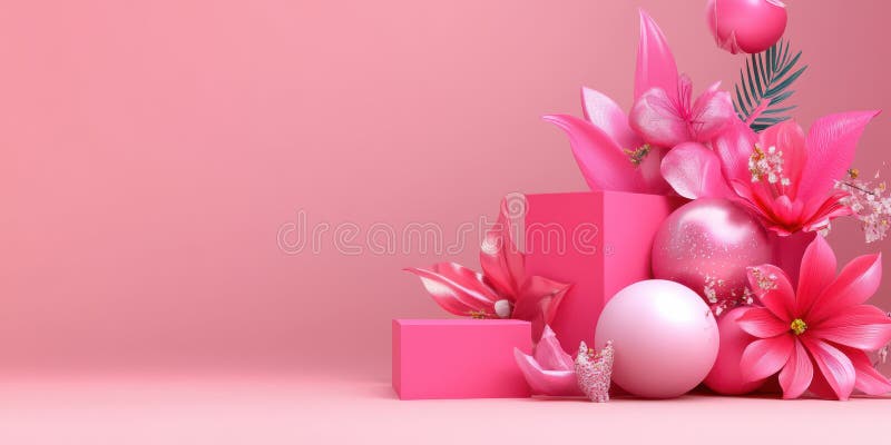 A Monochromatic Pink Display Featuring Geometric Shapes and Floral ...
