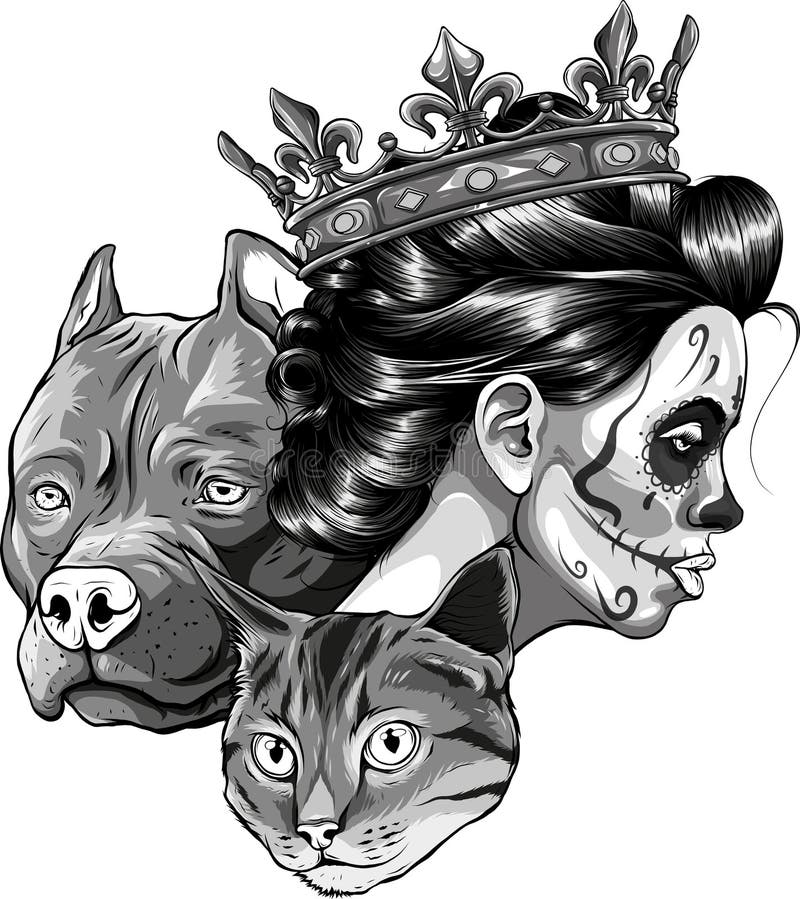 Monochromatic Queen of Death with Dog and Cat Head Stock Vector ...