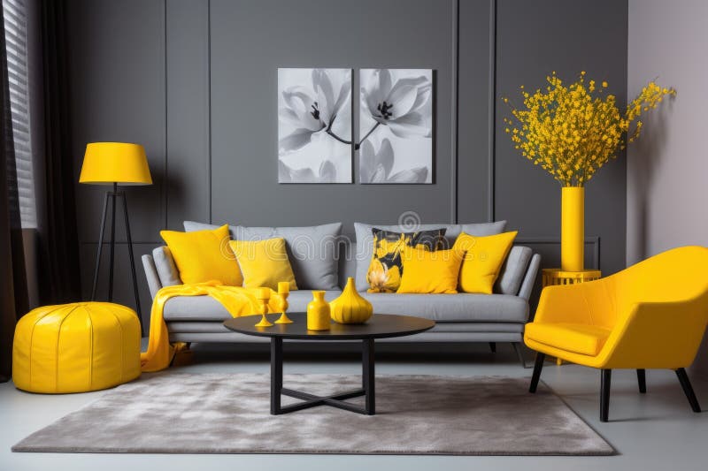 Monochromatic Room with Bright Color Accents Stock Image - Image of ...