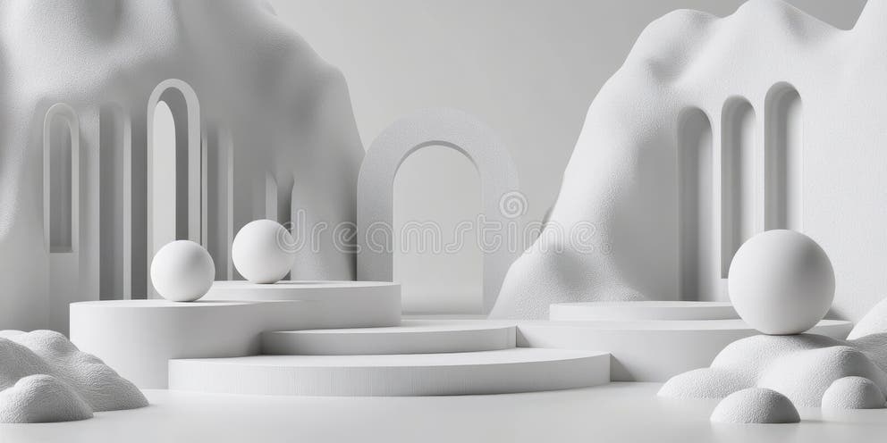 Monochromatic Scene Featuring Spheres on Platforms with Arched ...