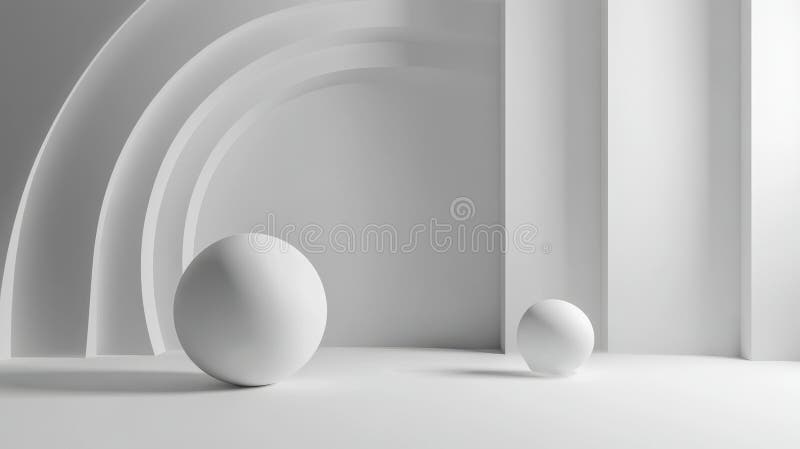 Monochromatic Scene Featuring Two Spheres and a Backdrop of Arches and ...