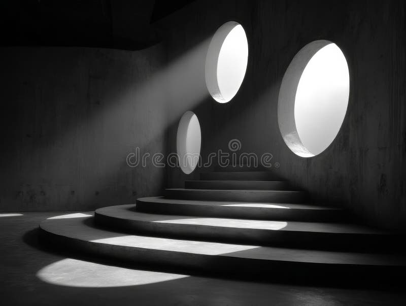 Monochromatic Staircase with Circular Windows and Light Beams Stock ...
