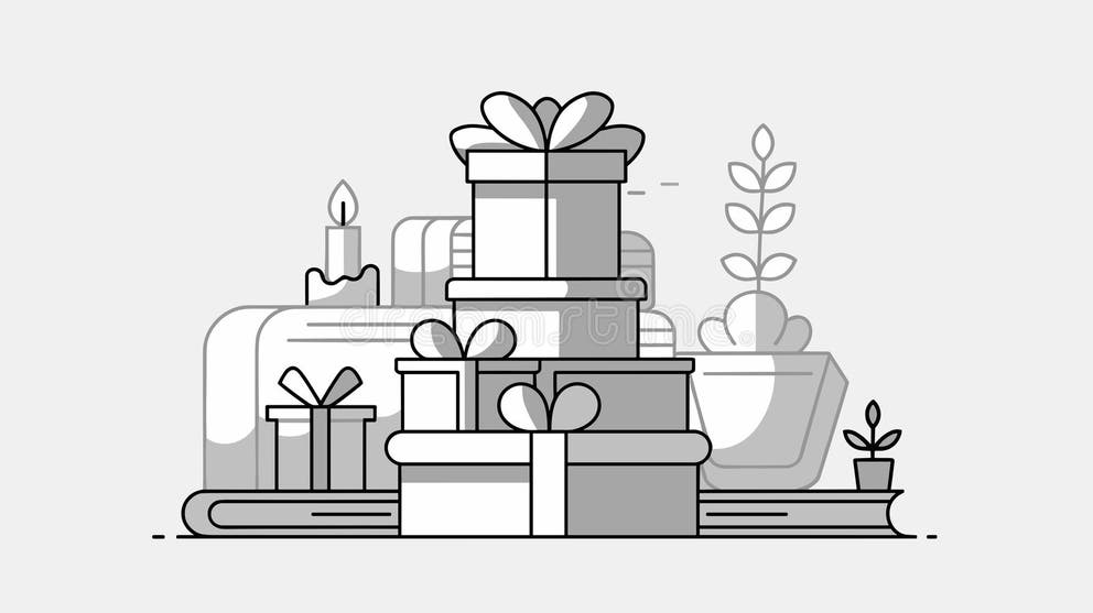 A Monochromatic Still Life Featuring a Stack of Gift Boxes with Various ...