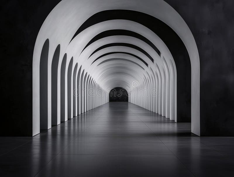 Monochromatic Tunnel with Repeating Arches Creating a Sense of Depth ...