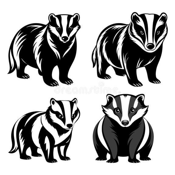 Stylized Badger Illustrations in Monochromatic Designs , Silhouette ...