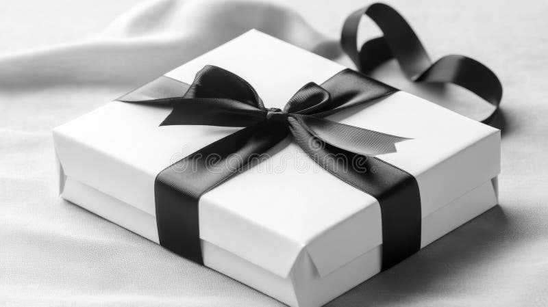 Monochromatic White Gift Box with Black Satin Ribbon on Elegant Silk ...