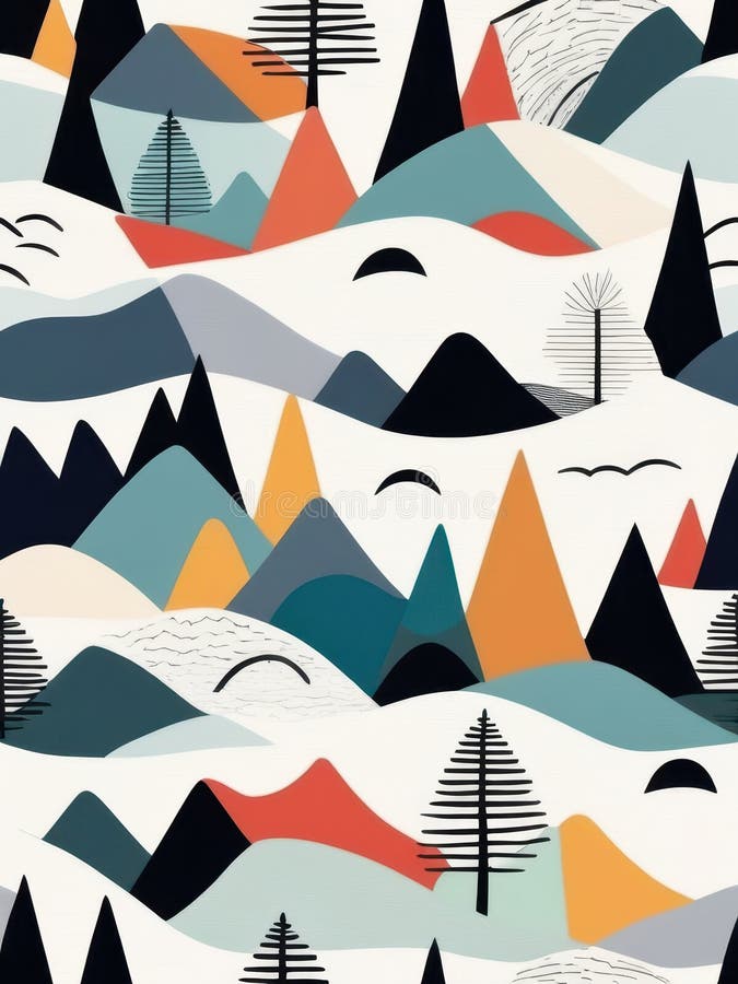 Monochromatic Winter Mountain Pattern with Trees, Snowflakes, and ...