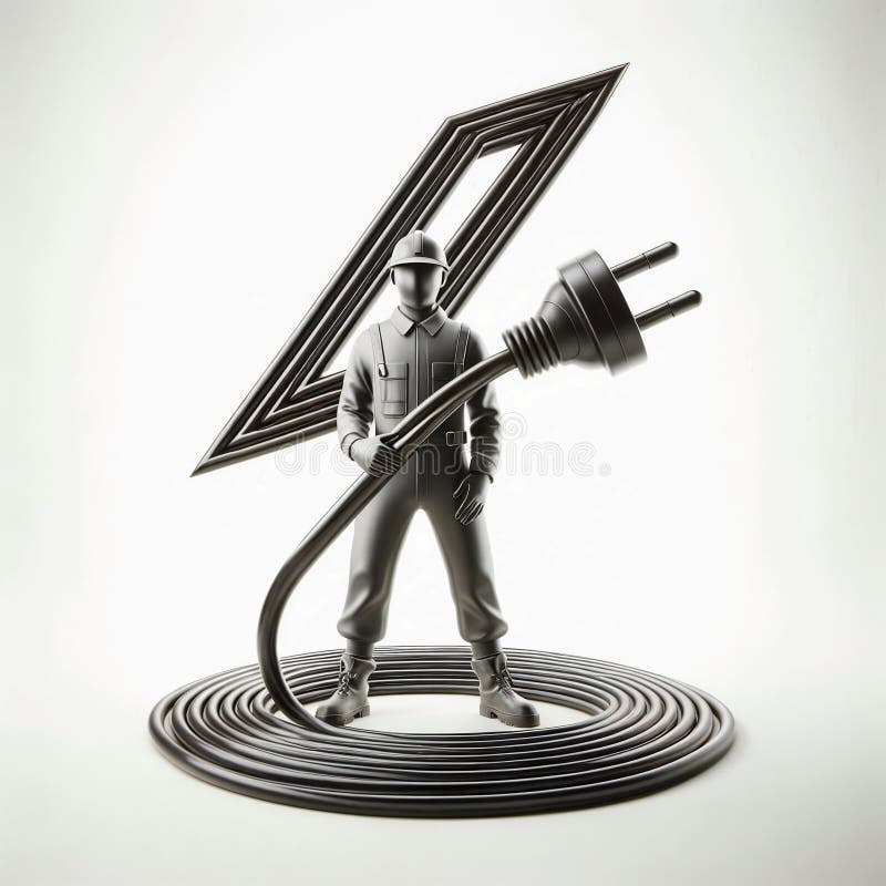 Monochromatic Worker Figure with Electrical Plug and Coiled Cable Stock ...