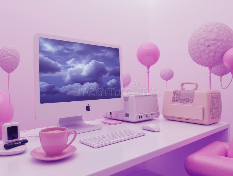Monochromatic Workspace: Lavender-hued Desk Setup with Computer, Coffee ...
