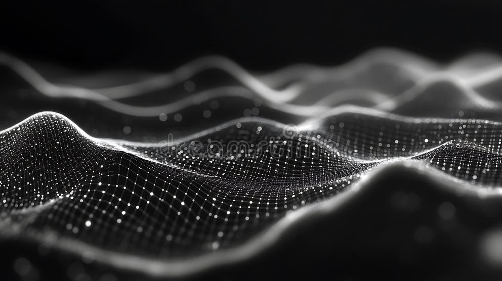 Abstract Wavy Grid Background with Glowing Nodes in Black and White ...