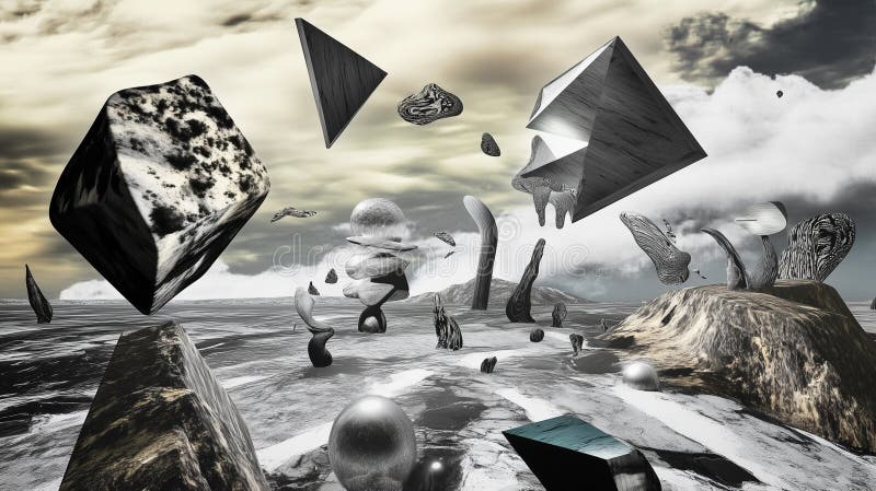 Monochrome Abstract Shapes and Floating Geometric Elements in ...