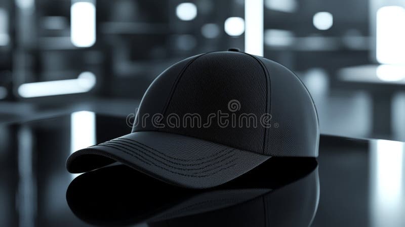 Monochrome Baseball Cap on a Reflective Surface with Bokeh Lights ...