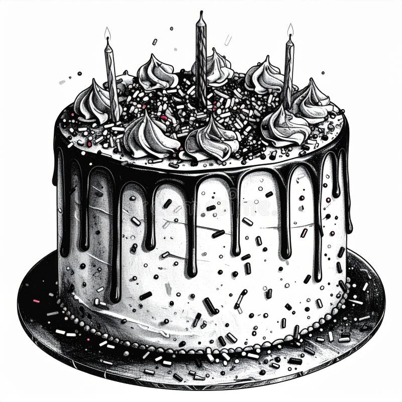 Monochrome Birthday Cake with Dripping Chocolate Stock Illustration ...