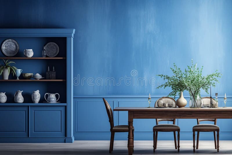 Monochrome Blue Kitchen Interior with Wood Table in Rustic Style ...