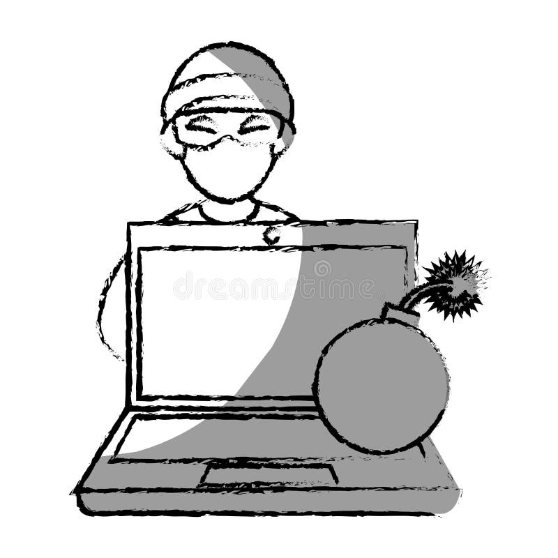 Monochrome Blurred Contour with Hacker and Laptop and Bomb Stock Vector ...