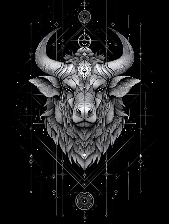 Monochrome Bull Head Illustration with Sacred Geometry Design Stock ...